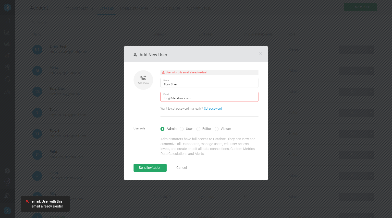 How to add a User that already exists in the Databox system